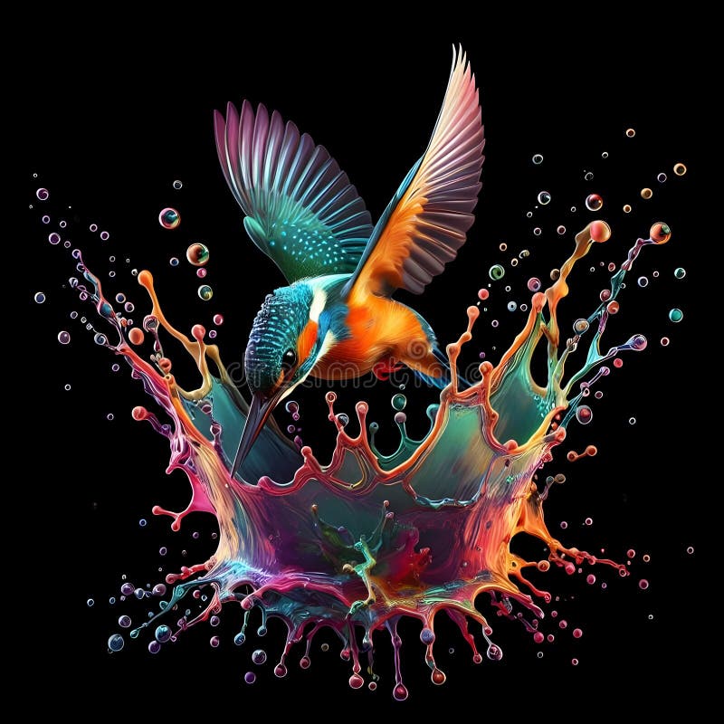 Bird Diving into a Multi-colored Water Surface Whereby Creating Complex ...