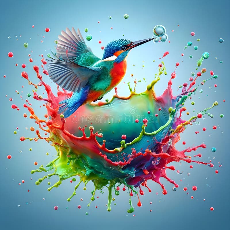 Bird Diving into a Multi-colored Water Surface Whereby Creating Complex ...