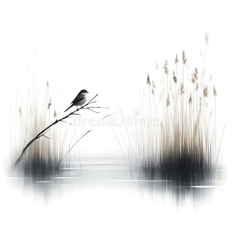 A Bird Sits on a Branch in the Water with Reeds in the Foreground and ...