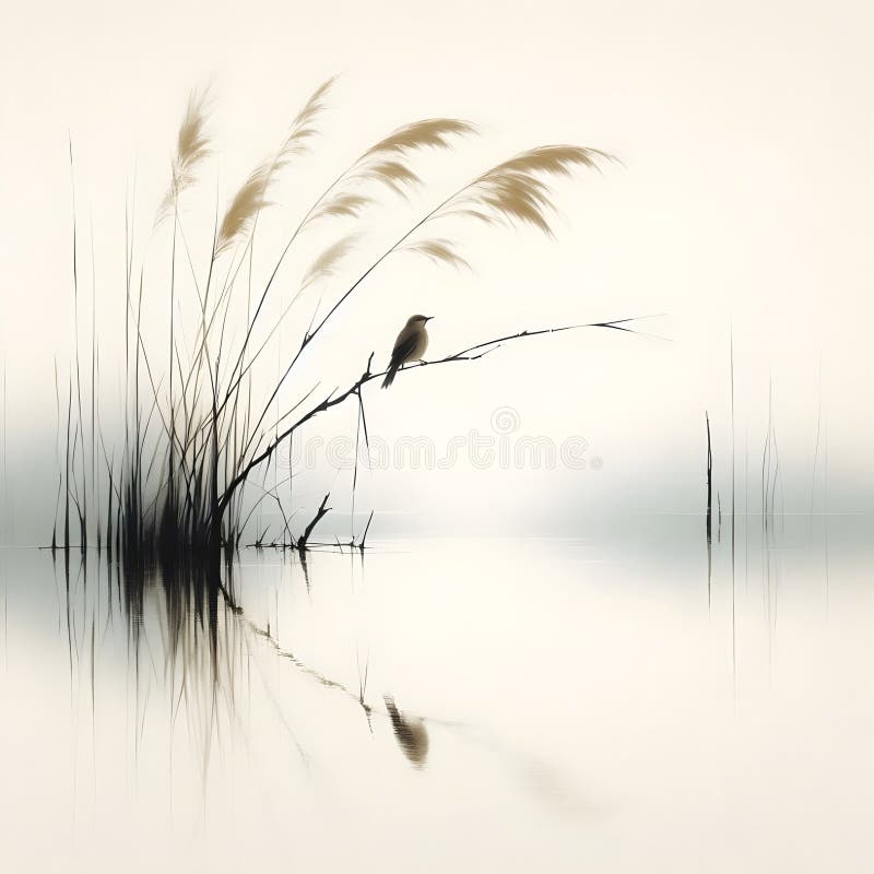 A Bird Sits on a Branch in the Water with Reeds in the Foreground and ...