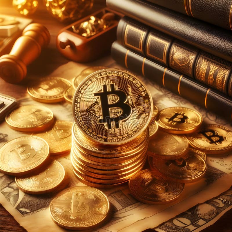 Image of Bitcoin in the Center, a Bunch of Bitcoins Lying on Top of a ...