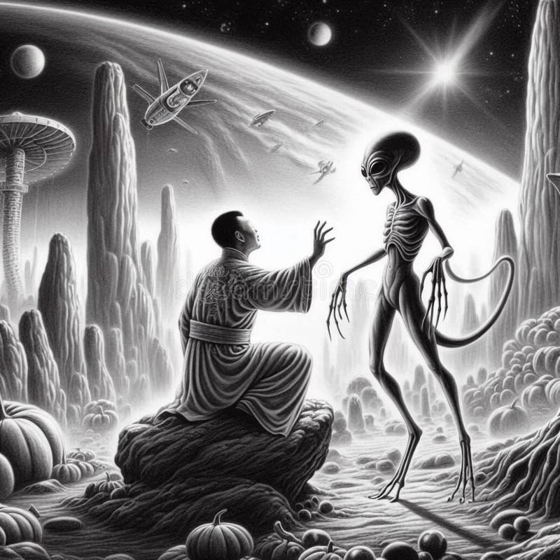 A Black and White Pencil Drawing of Alien Figure Interacting with a ...