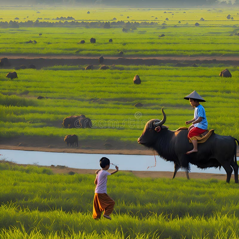 Image of the Buffalo Riding in the Agriculture Countryside As the Means ...