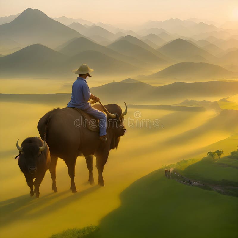 Image of the Buffalo Riding in the Agriculture Countryside As the Means ...