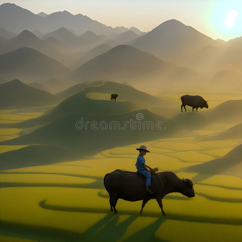 Image of the Buffalo Riding in the Agriculture Countryside As the Means ...