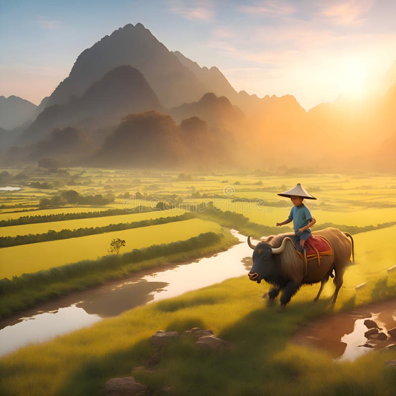 Image of the Buffalo Riding in the Agriculture Countryside As the Means ...