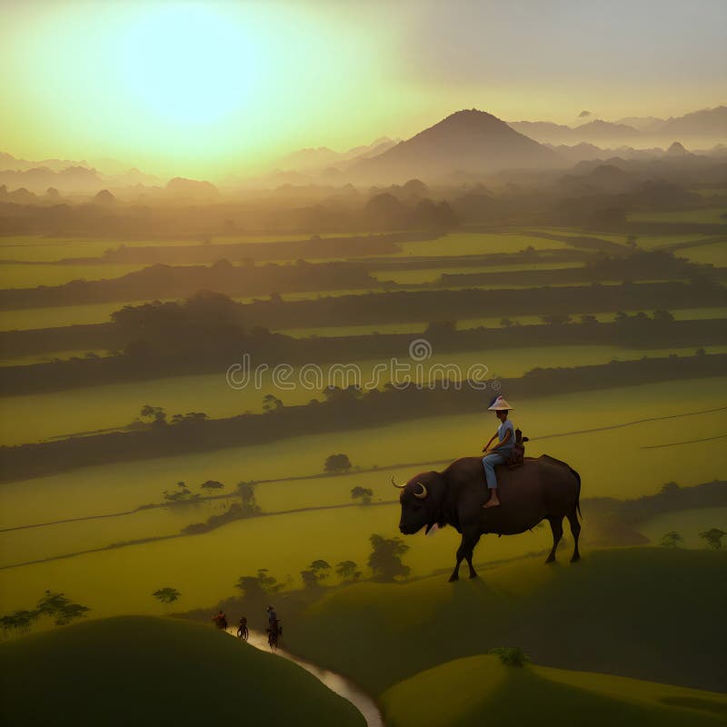 Image of the Buffalo Riding in the Agriculture Countryside As the Means ...