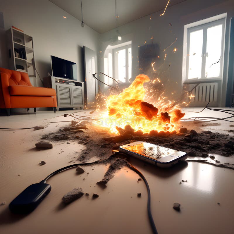 Image of a Burning Cellphone Smoke and Fire with a Burst of Particles ...