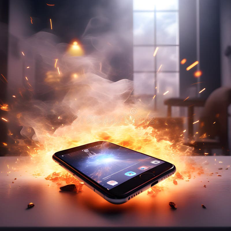 Image of a Burning Cellphone Smoke and Fire with a Burst of Particles ...