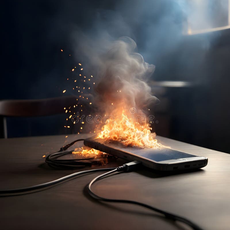 Image of a Burning Cellphone Smoke and Fire with a Burst of Particles ...