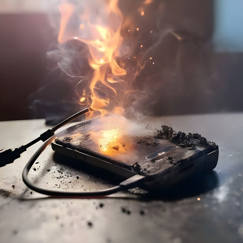 Image of a Burning Cellphone Smoke and Fire with a Burst of Particles ...