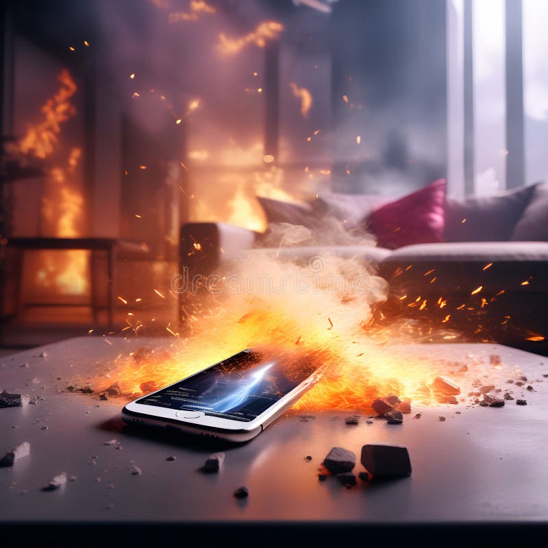 Image of a Burning Cellphone Smoke and Fire with a Burst of Particles ...