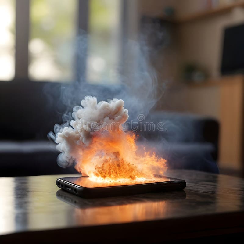 Image of a Burning Cellphone Smoke and Fire with a Burst of Particles ...