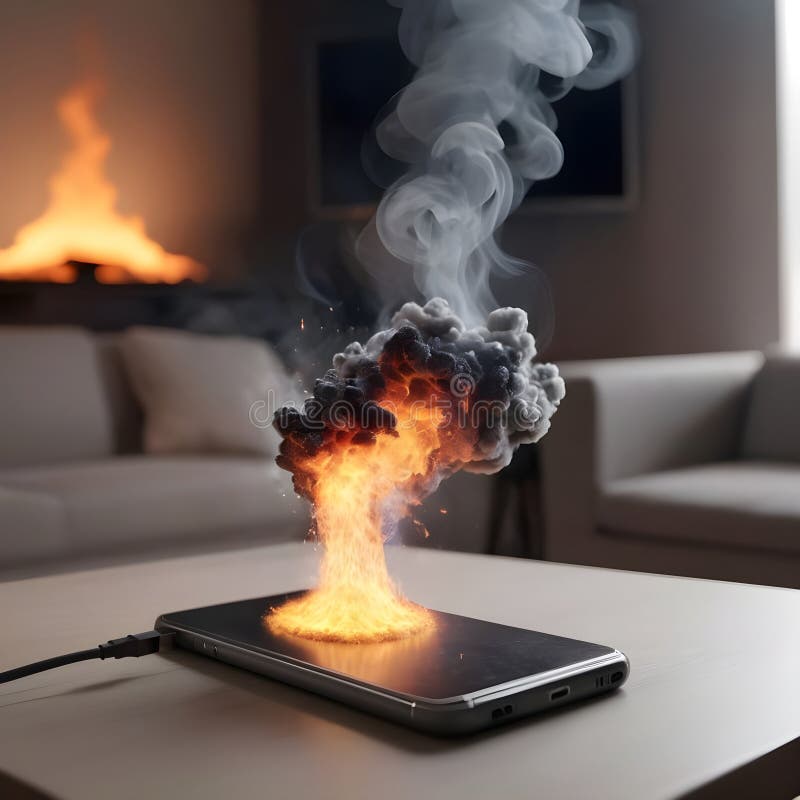 Image of a Burning Cellphone Smoke and Fire with a Burst of Particles ...