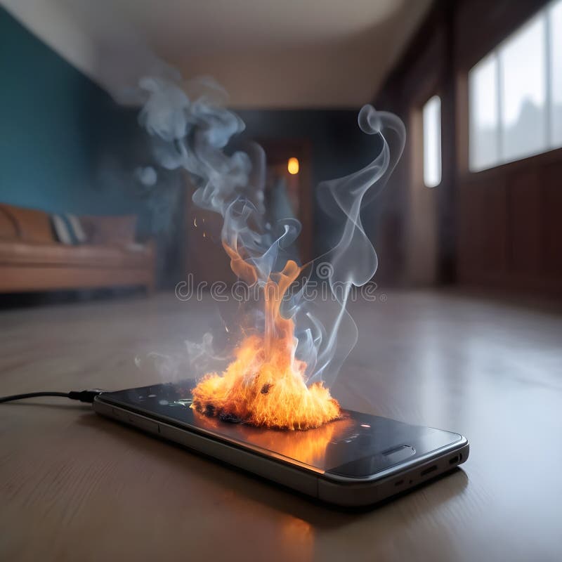 Image of a Burning Cellphone Smoke and Fire with a Burst of Particles ...