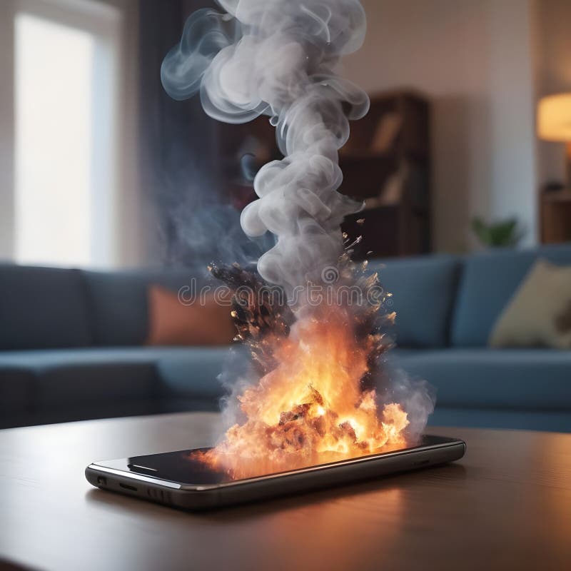 Image of a Burning Cellphone Smoke and Fire with a Burst of Particles ...