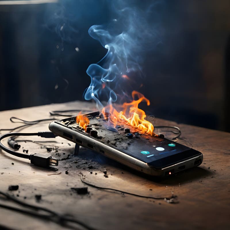 Image of a Burning Cellphone Smoke and Fire with a Burst of Particles ...