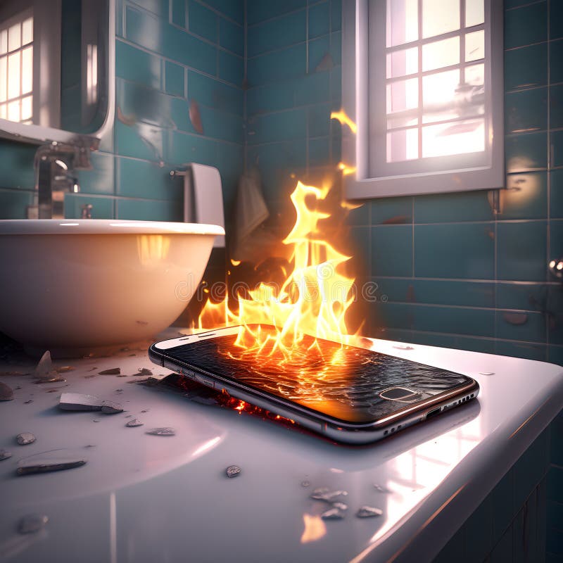 Image of a Burning Cellphone Smoke and Fire with a Burst of Particles ...