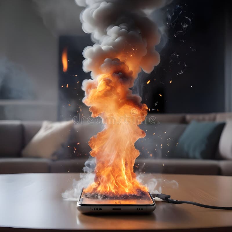 Image of a Burning Cellphone Smoke and Fire with a Burst of Particles ...