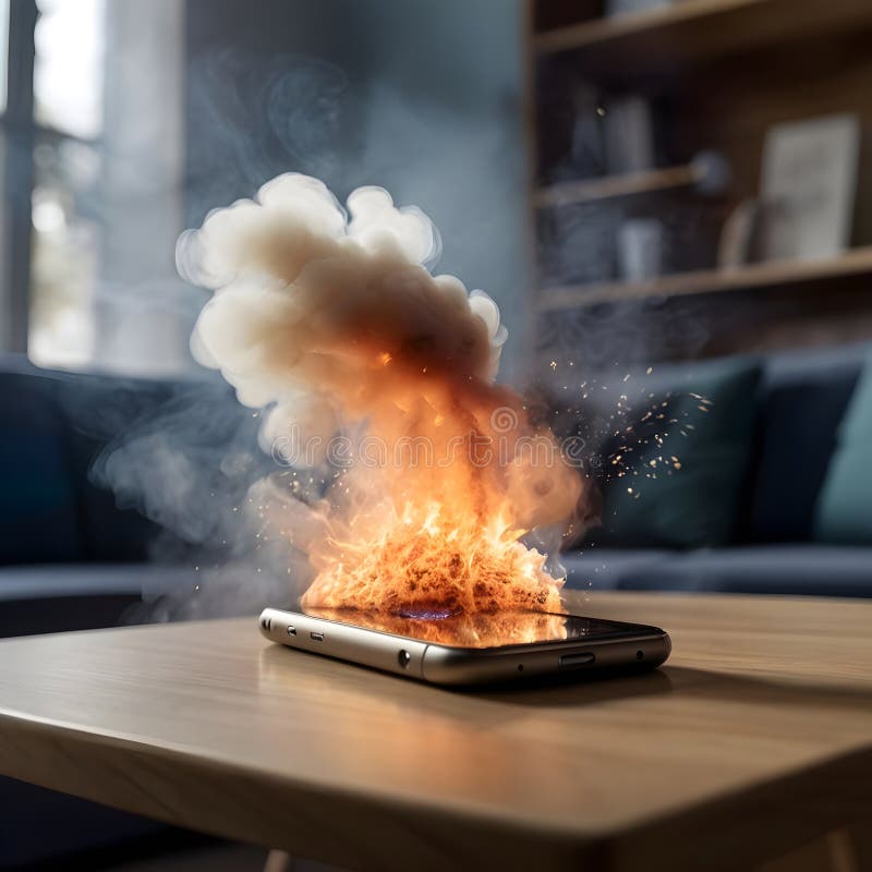 Image of a Burning Cellphone Smoke and Fire with a Burst of Particles ...