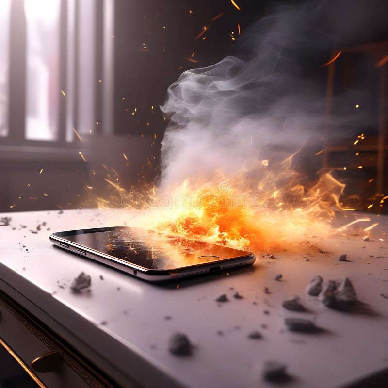Image of a Burning Cellphone Smoke and Fire with a Burst of Particles ...