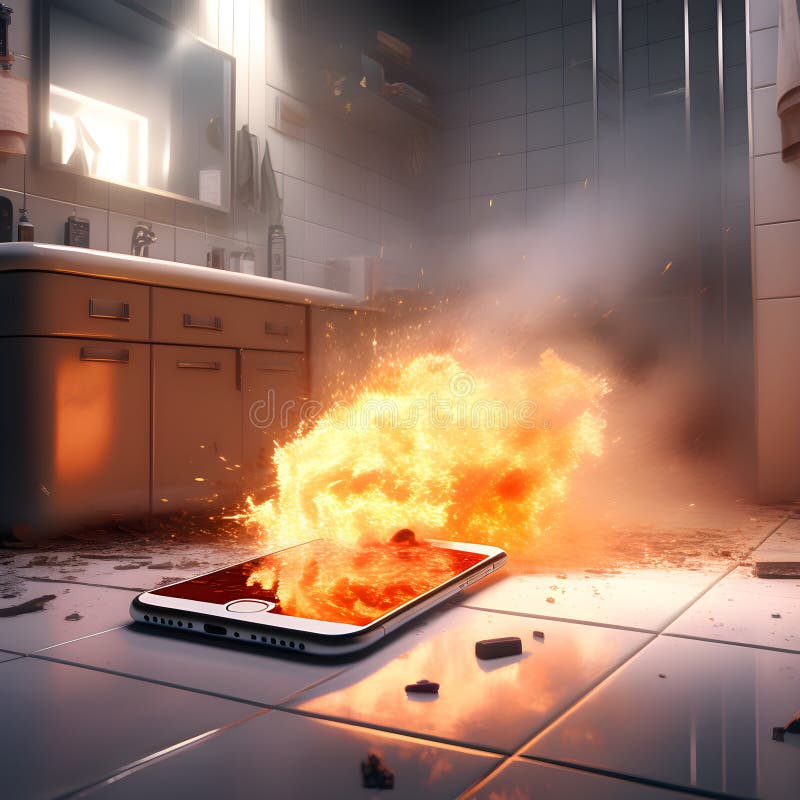 Image of a Burning Cellphone Smoke and Fire with a Burst of Particles ...