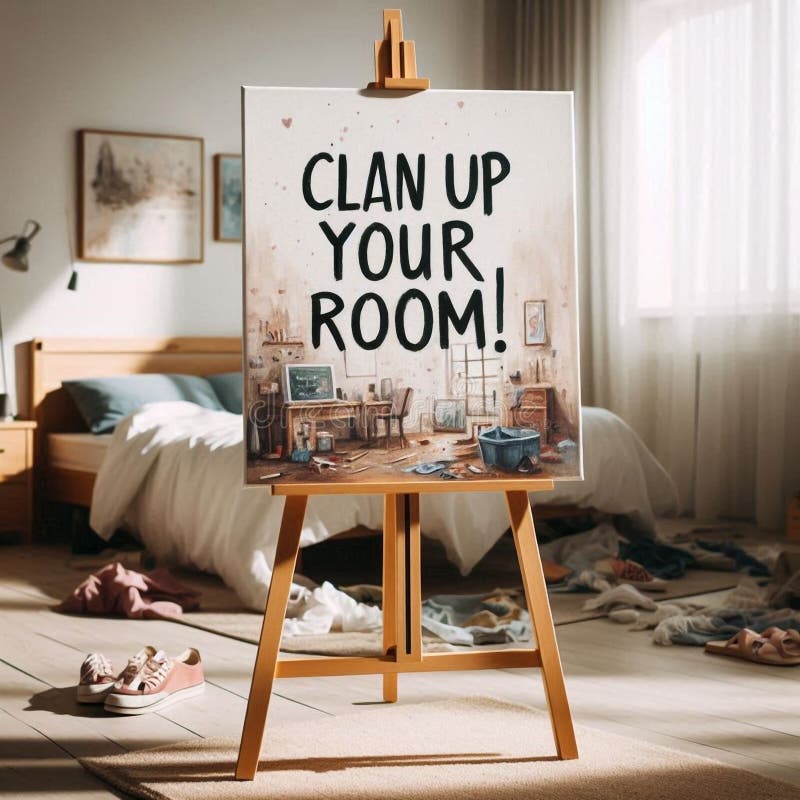 A Canvas Propped Against an Easel with the Word "clean Up Your Mess ...