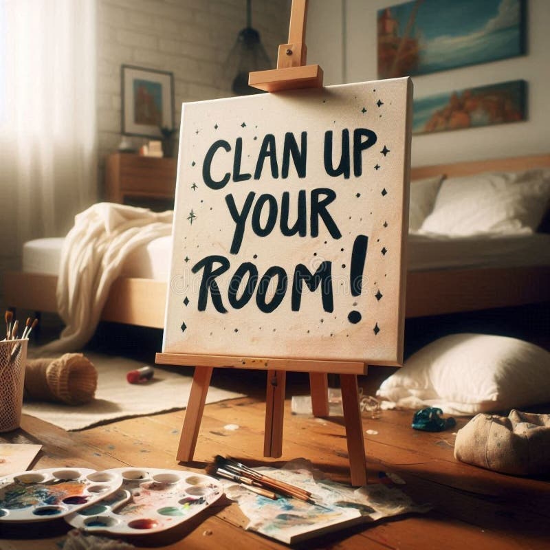 A Canvas Propped Against an Easel with the Word "clean Up Your Mess ...