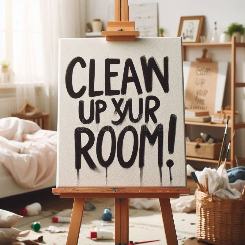 A Canvas Propped Against an Easel with the Word "clean Up Your Mess ...