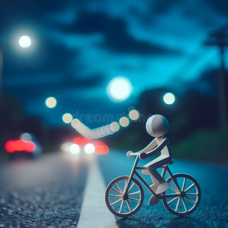 Image of Cartoon Paper Stick Figure Man Cartoon Riding Bicycle at Night ...