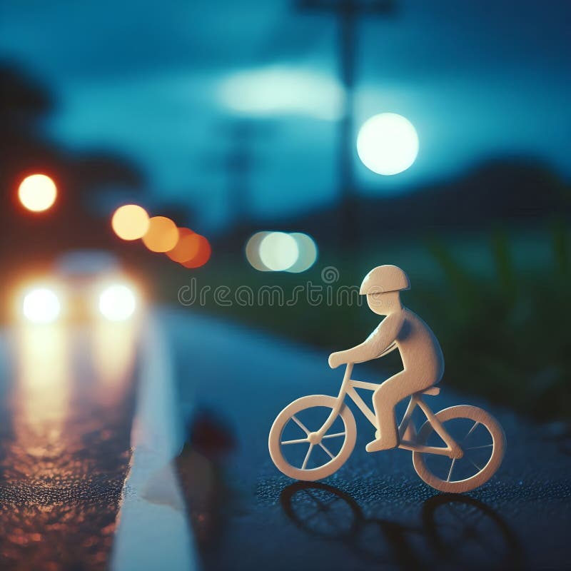 Image of Cartoon Paper Stick Figure Man Cartoon Riding Bicycle at Night ...