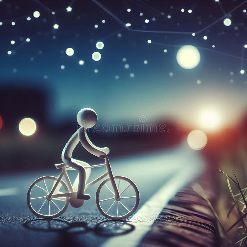 Image of Cartoon Paper Stick Figure Man Cartoon Riding Bicycle at Night ...