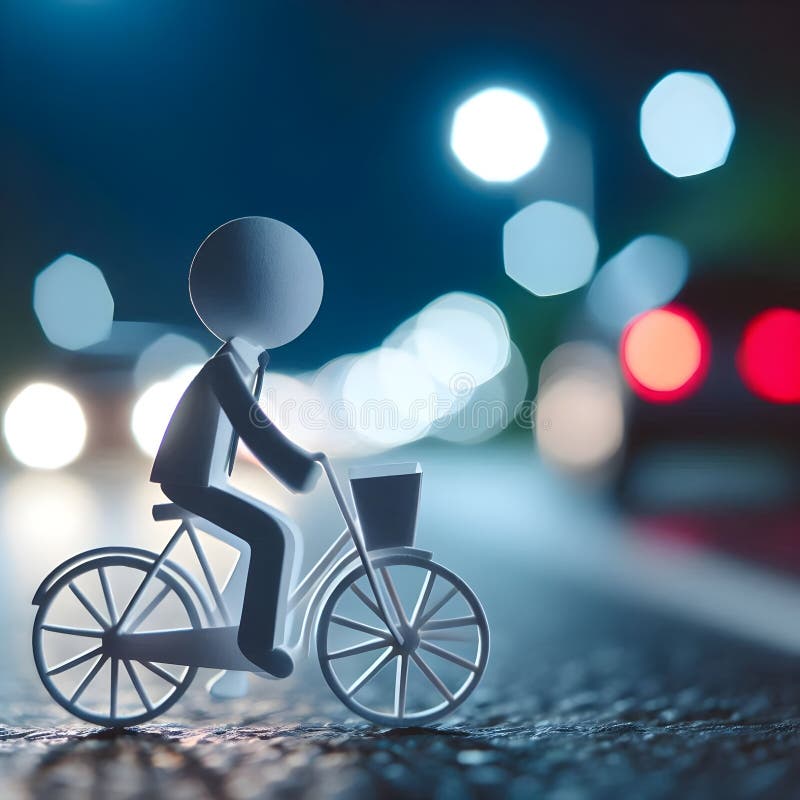 Image of Cartoon Paper Stick Figure Man Cartoon Riding Bicycle at Night ...
