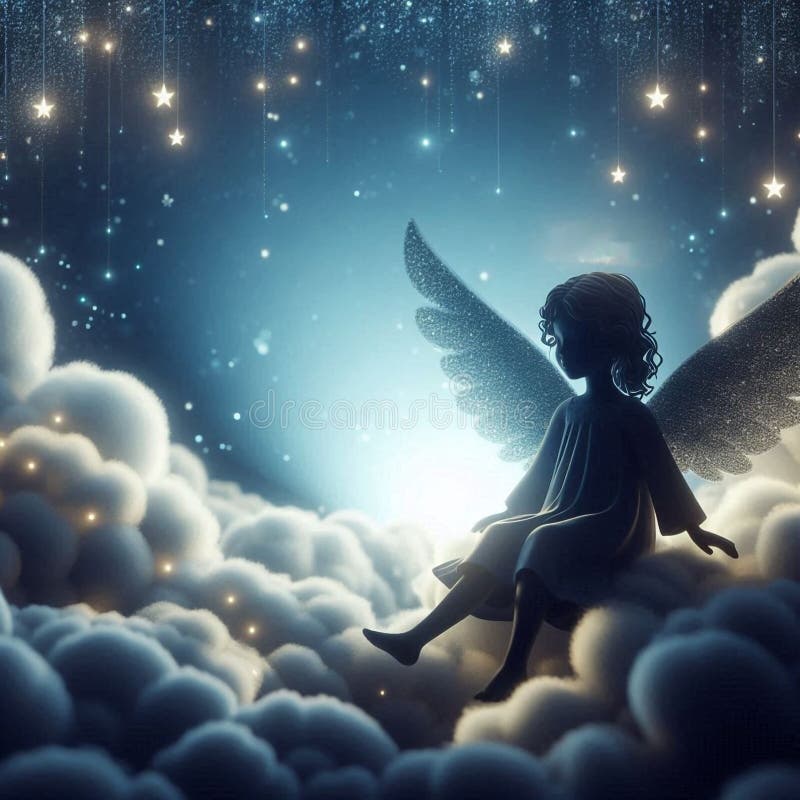 A Children S Angel in Dark Silhouette Sitting on an Illuminated Starry ...