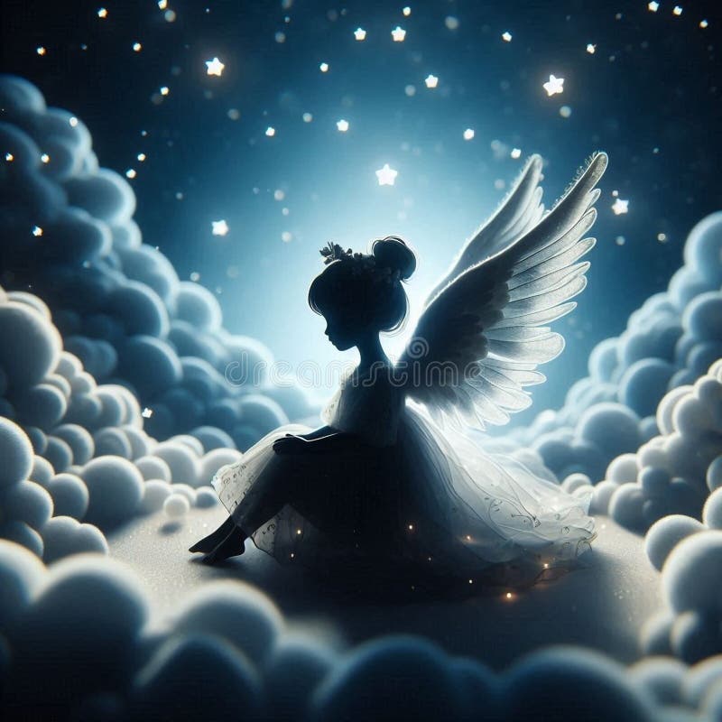 A Children S Angel in Dark Silhouette Sitting on an Illuminated Starry ...