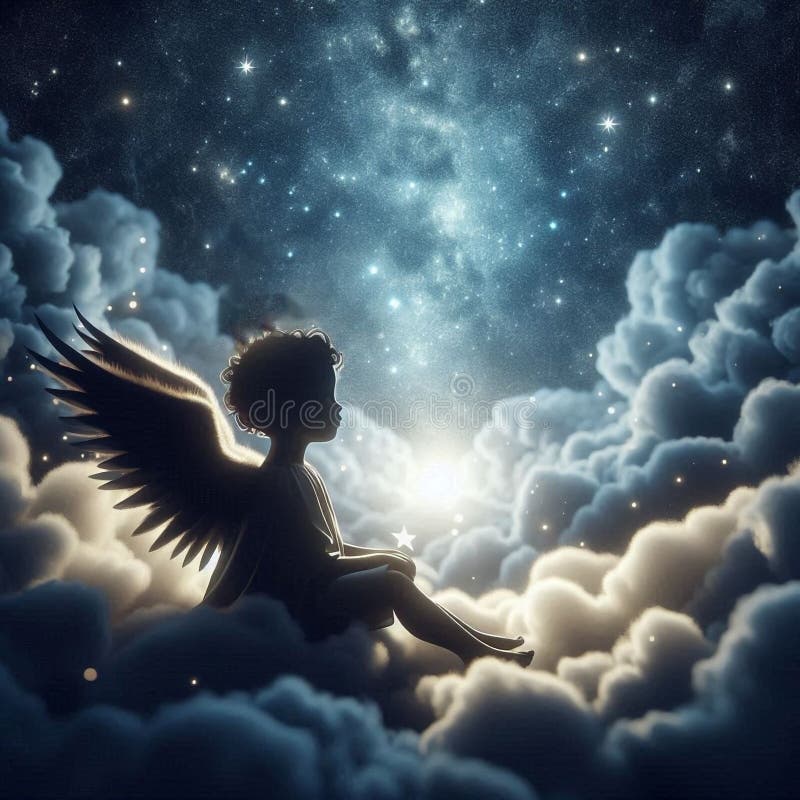 A Children S Angel in Dark Silhouette Sitting on an Illuminated Starry ...