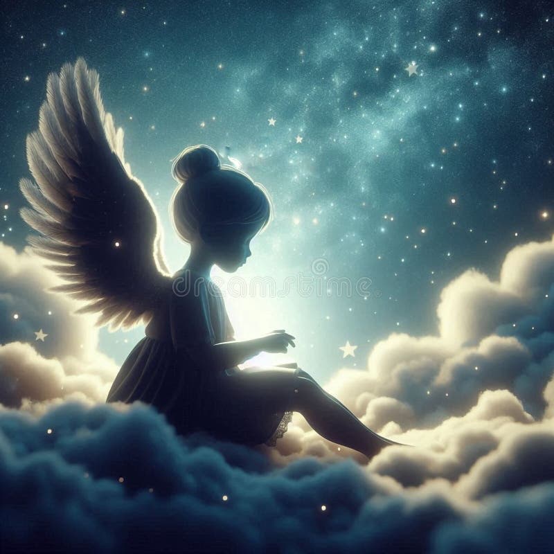 A Children S Angel in Dark Silhouette Sitting on an Illuminated Starry ...