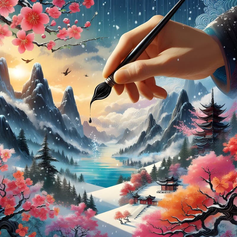 Image of a Chinese Calligraphy Artwork Where a Droplet of Bamboo Brush ...