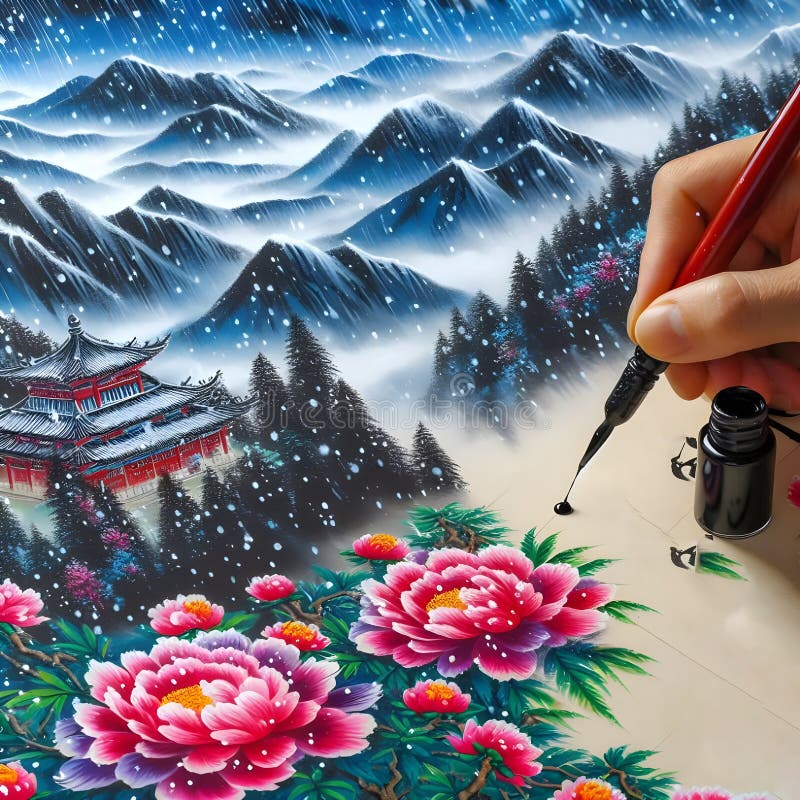 Image of a Chinese Calligraphy Artwork Where a Droplet of Bamboo Brush ...