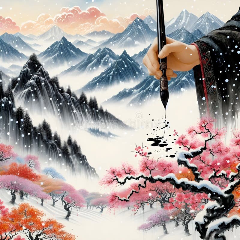 Image of a Chinese Calligraphy Artwork Where a Droplet of Bamboo Brush ...