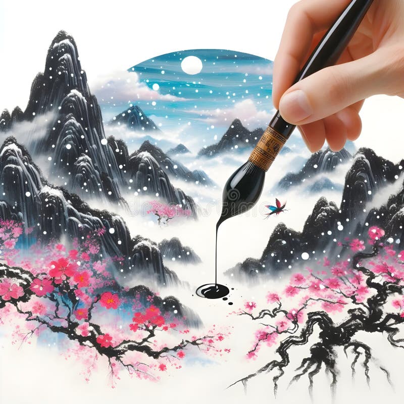 Image of a Chinese Calligraphy Artwork Where a Droplet of Bamboo Brush ...