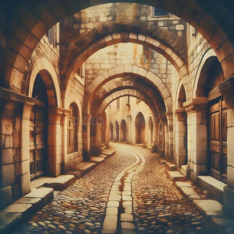 A Cobblestone Pathway Winding through a Series of Medieval Stone Arches ...