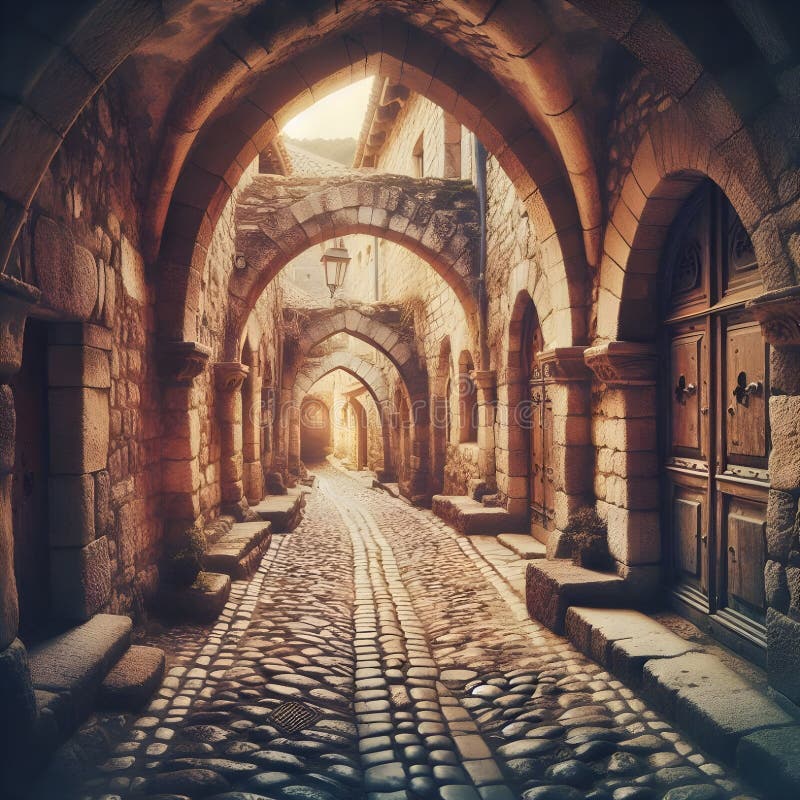 A Cobblestone Pathway Winding through a Series of Medieval Stone Arches ...