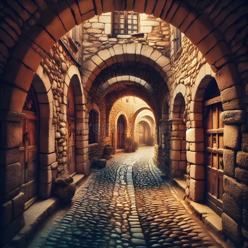 A Cobblestone Pathway Winding through a Series of Medieval Stone Arches ...