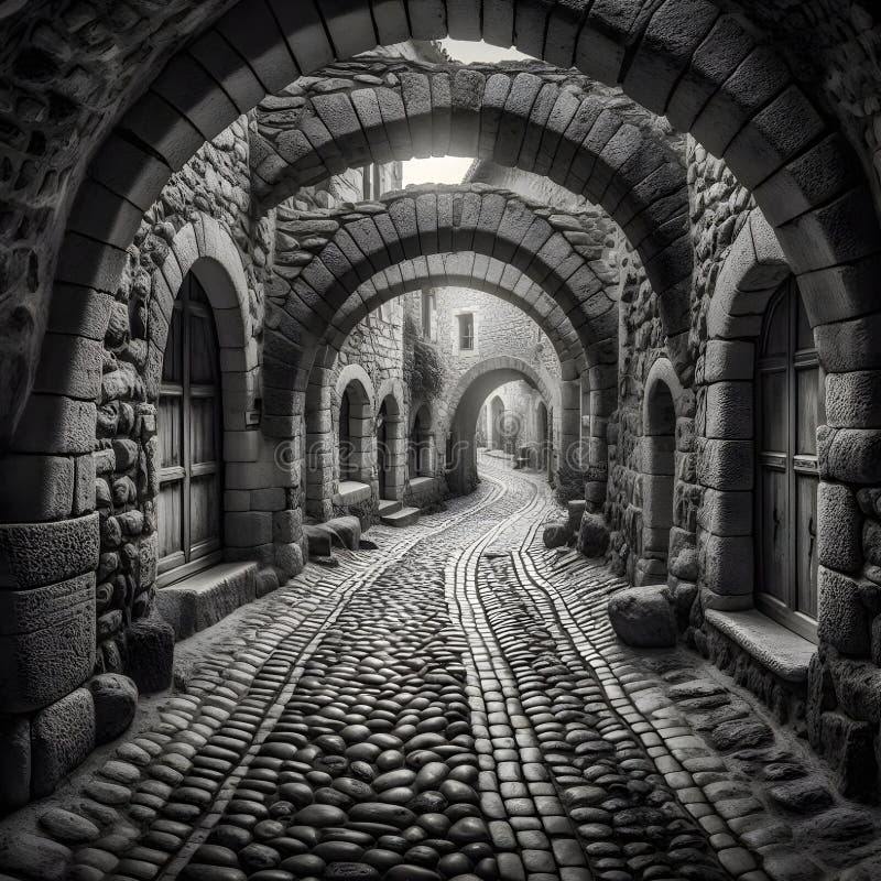 A Cobblestone Pathway Winding through a Series of Medieval Stone Arches ...
