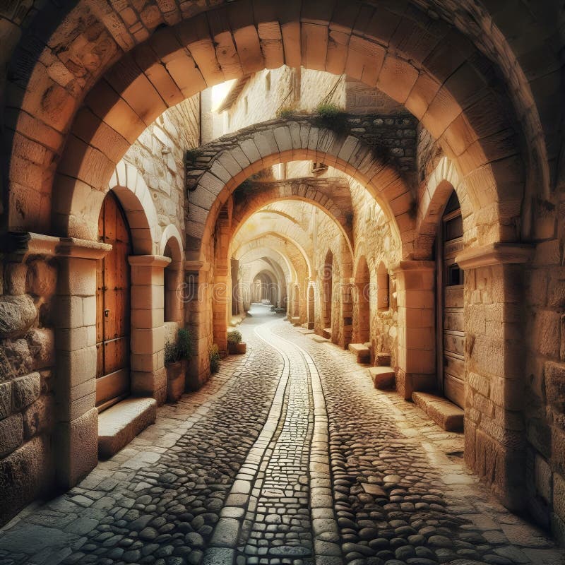 A Cobblestone Pathway Winding through a Series of Medieval Stone Arches ...