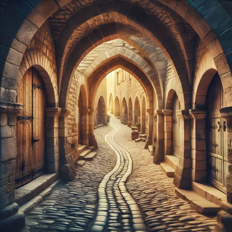 A Cobblestone Pathway Winding through a Series of Medieval Stone Arches ...