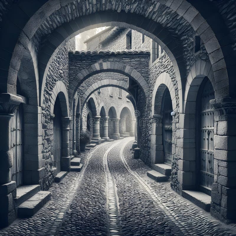 A Cobblestone Pathway Winding through a Series of Medieval Stone Arches ...