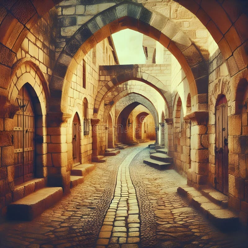 A Cobblestone Pathway Winding through a Series of Medieval Stone Arches ...