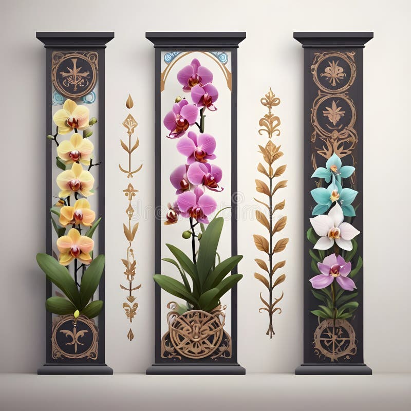 Image of 3 Colorful Orchid Flowers in Vertical Frame Column with Nordic ...